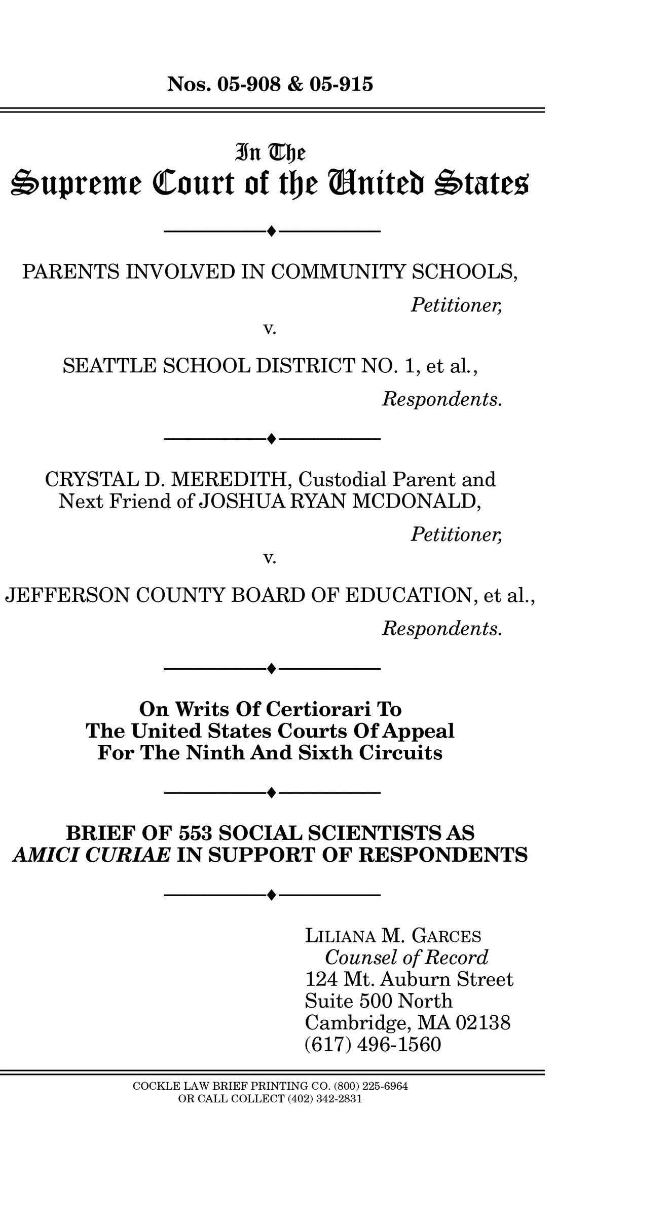 Parents Involved: Amicus Curiae Brief in Support of Louisville School ...